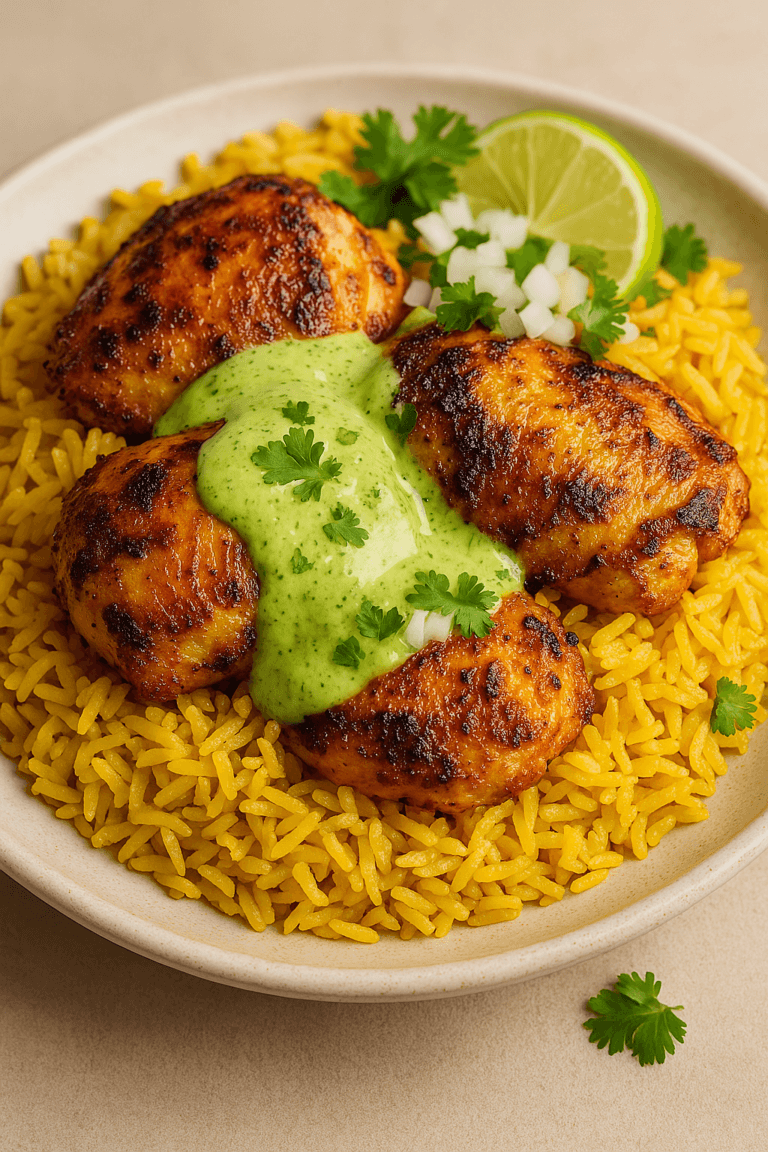 Easy Peruvian Chicken & Rice Recipe with Green Sauce