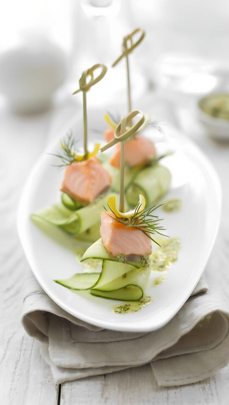 Lemon Dill Salmon and Cucumber Ribbon Wedding Skewers